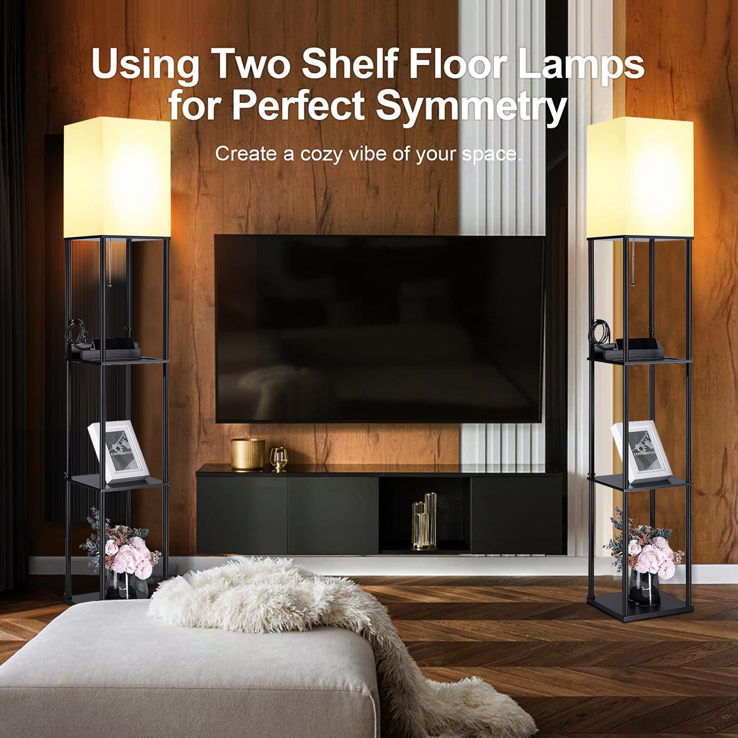 NUNET Smart LED Floor Lamp with Shelves 3 Color Temperature Light & Dimmable App Controlled Wi-Fi Bulb w. 3 Level Shelves & Cellphone/Photo Frame Stand for Bedroom Living Room Corner etc. (Black)