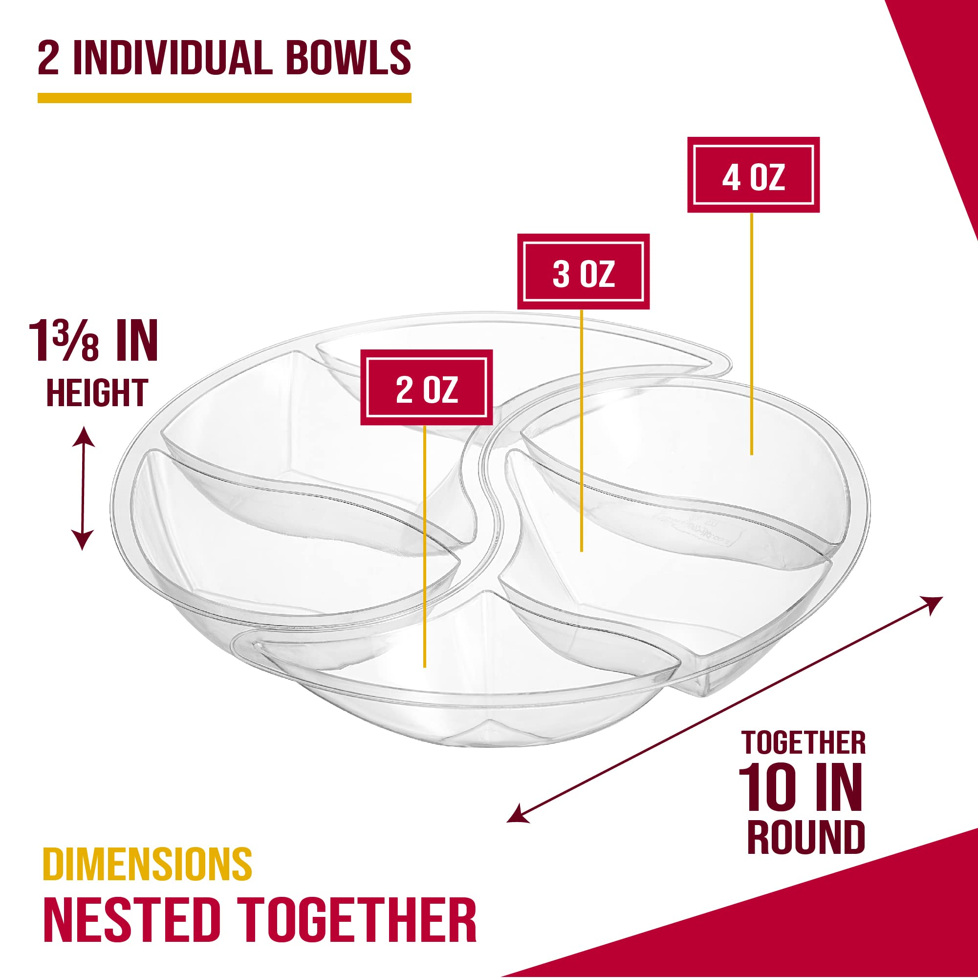 PlasticPro 2 Section Divided Plastic Serving Food Tray Yin Yang 2 Part Double Section Decorative Dish for Parties and Hosting, 1 Set of Clear