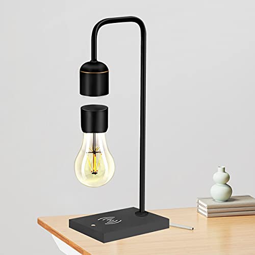 MODIRNATION Unique Modern Levitating Lamp with Floating Light Bulb and Built-in Qi Wireless Charger, Simplistic and Innovative Design, Warm Decorative Night Light (Black)