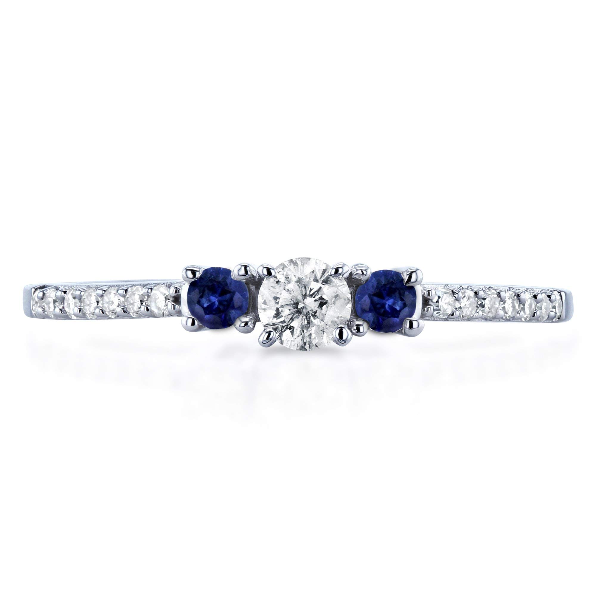 Kobelli Three Stone Round Diamond and Sapphire Engagement Ring 1/4 Carat TW in 10k White Gold - Size 10.5