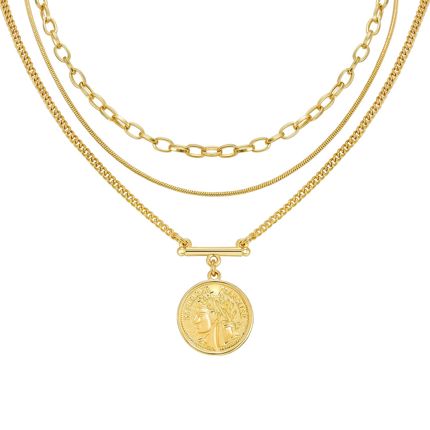 LANE WOODS 18k Gold Plated Necklaces for Women - Multilayer Coin Medallion Pendant Necklace Adjustable Layering Choker Necklaces Chain Set Jewelry