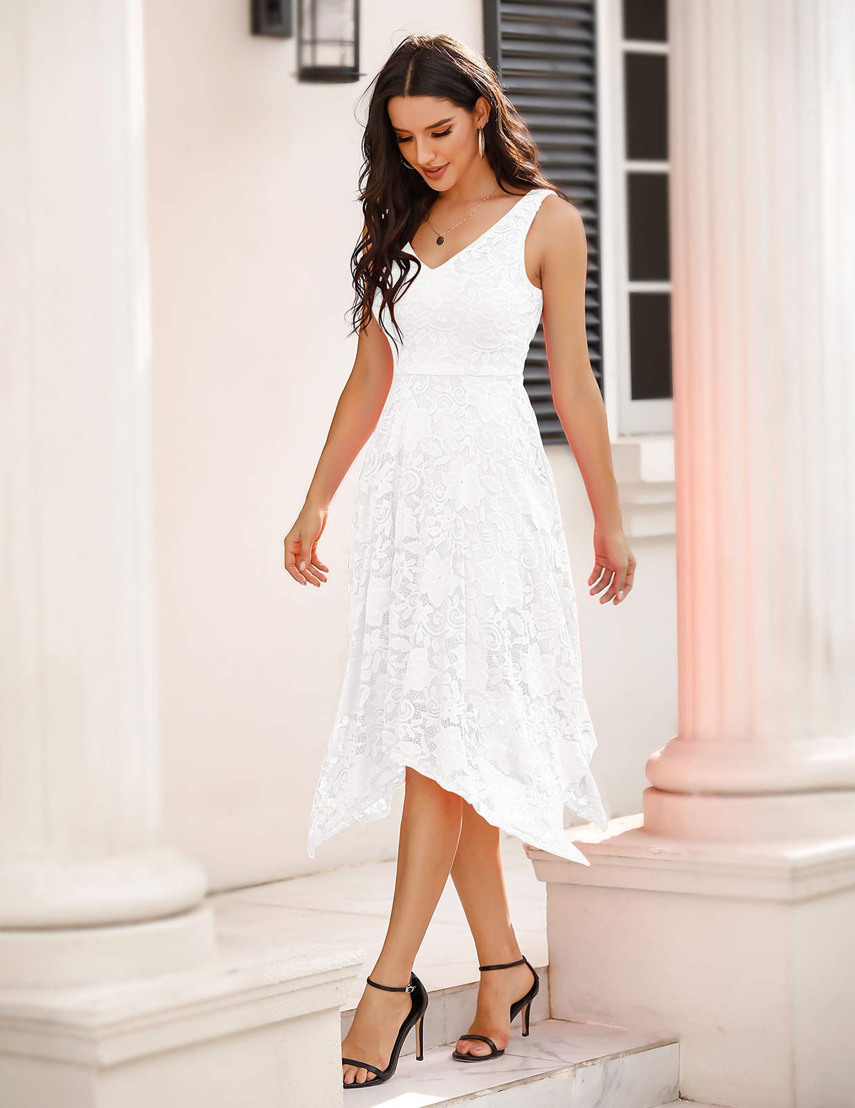 Meetjen Women's Vintage V Neck Dress Handkerchief Hem Asymmetrical Cocktail Formal A-Line Dresses White XL