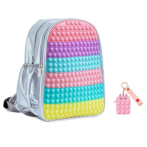 ReignSword Pop it Backpack for Boys & Girls with Pop it Purse, Mini Toddler Backpack, Small Fidget Toys Pop Purse for Kids Gift, Macaroon Silver, 12(L) x 4.5(W) x 16(H) inches