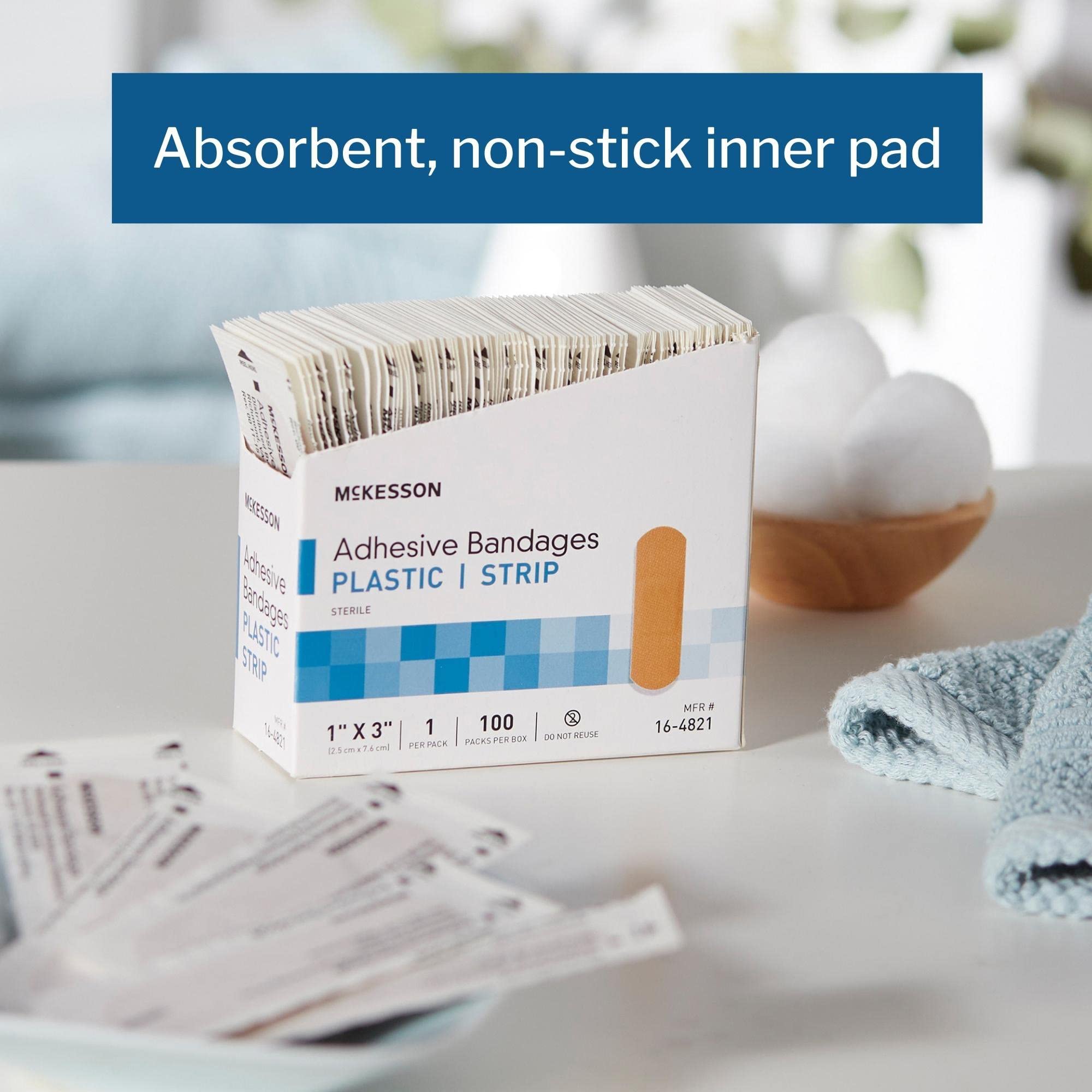 McKesson Adhesive Bandages, Sterile, Plastic Strip, 1 in x 3 in, 100 Count, 2 Packs, 200 Total