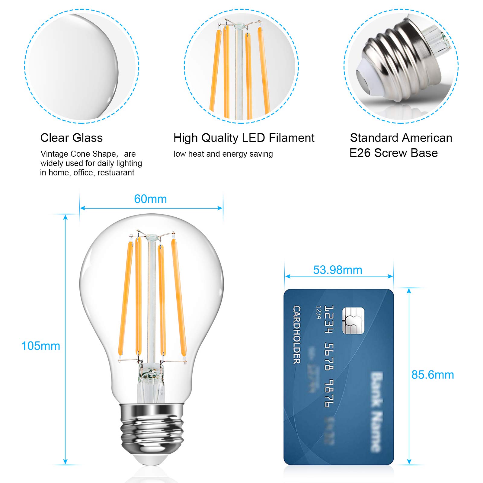 LANGREE A19 LED Light Bulb, LED Filament Bulbs, 6W(Equivalent 60 Watt), Dimmable, 2700K Soft White, E26 Medium Base Led Bulb, Standard Replacement, Pack of 6