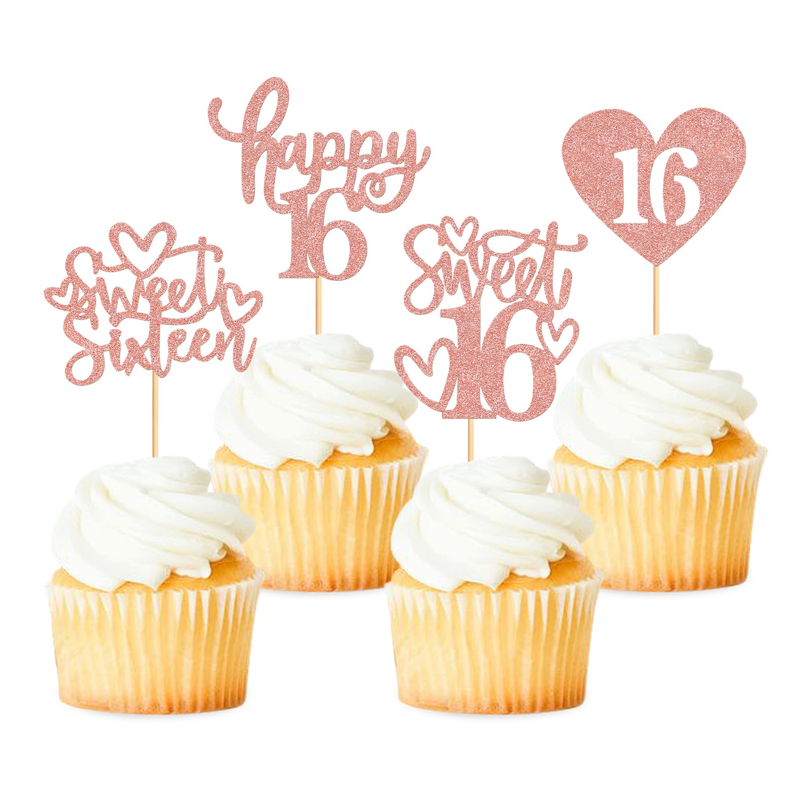 Keaziu 48 Pack Happy Sweet 16 Cupcake Toppers Sweet Sixteen 16 Happy 16 Cupcake Picks for 16th Birthday Wedding Anniversary Party Cake Decorations Supplies Rose Gold
