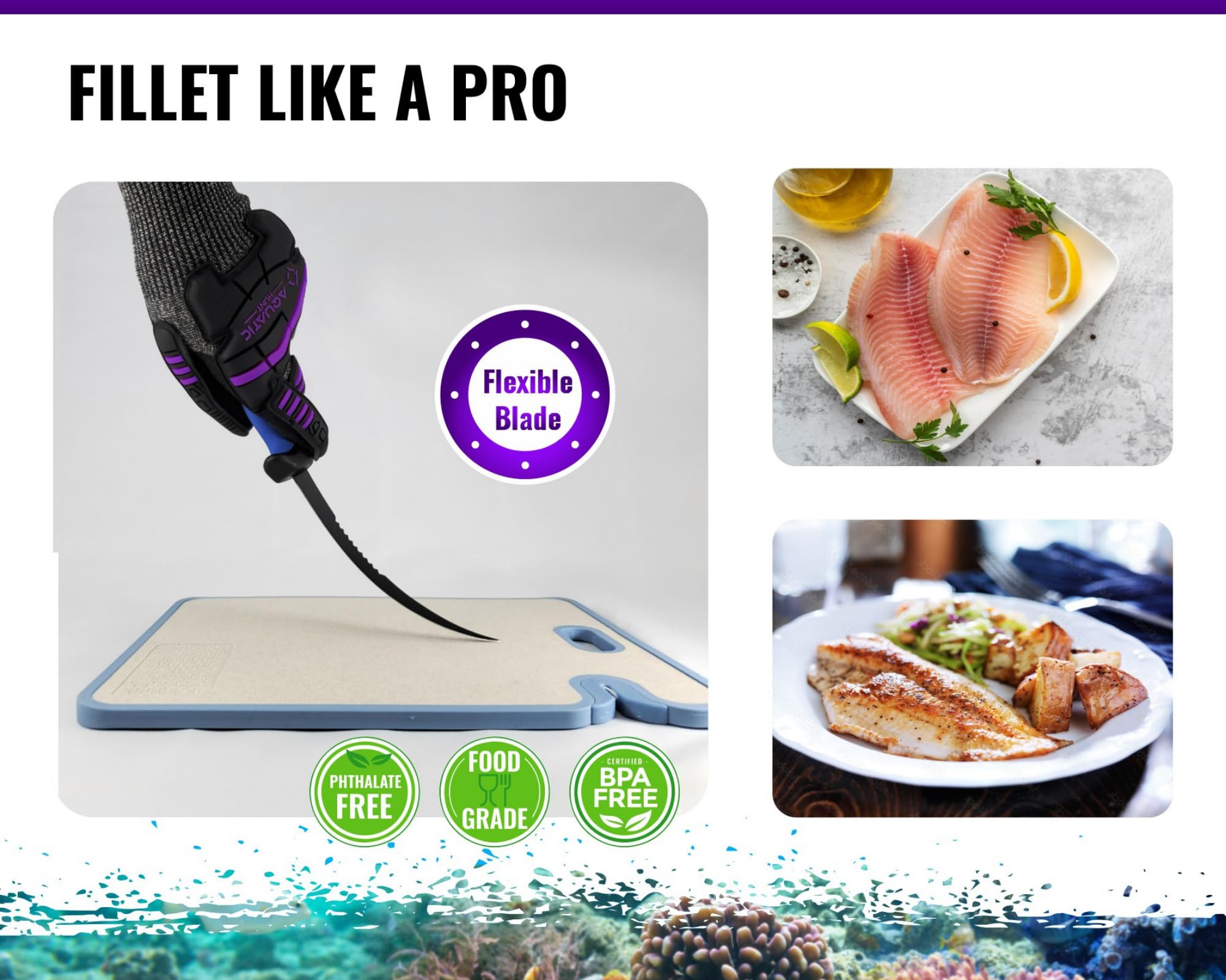 Pro 3-in-1 Set: 6.5β Fish Fillet/Boning Knife - 12β Non-slip Cutting Board - Ceramic Knife Sharpener