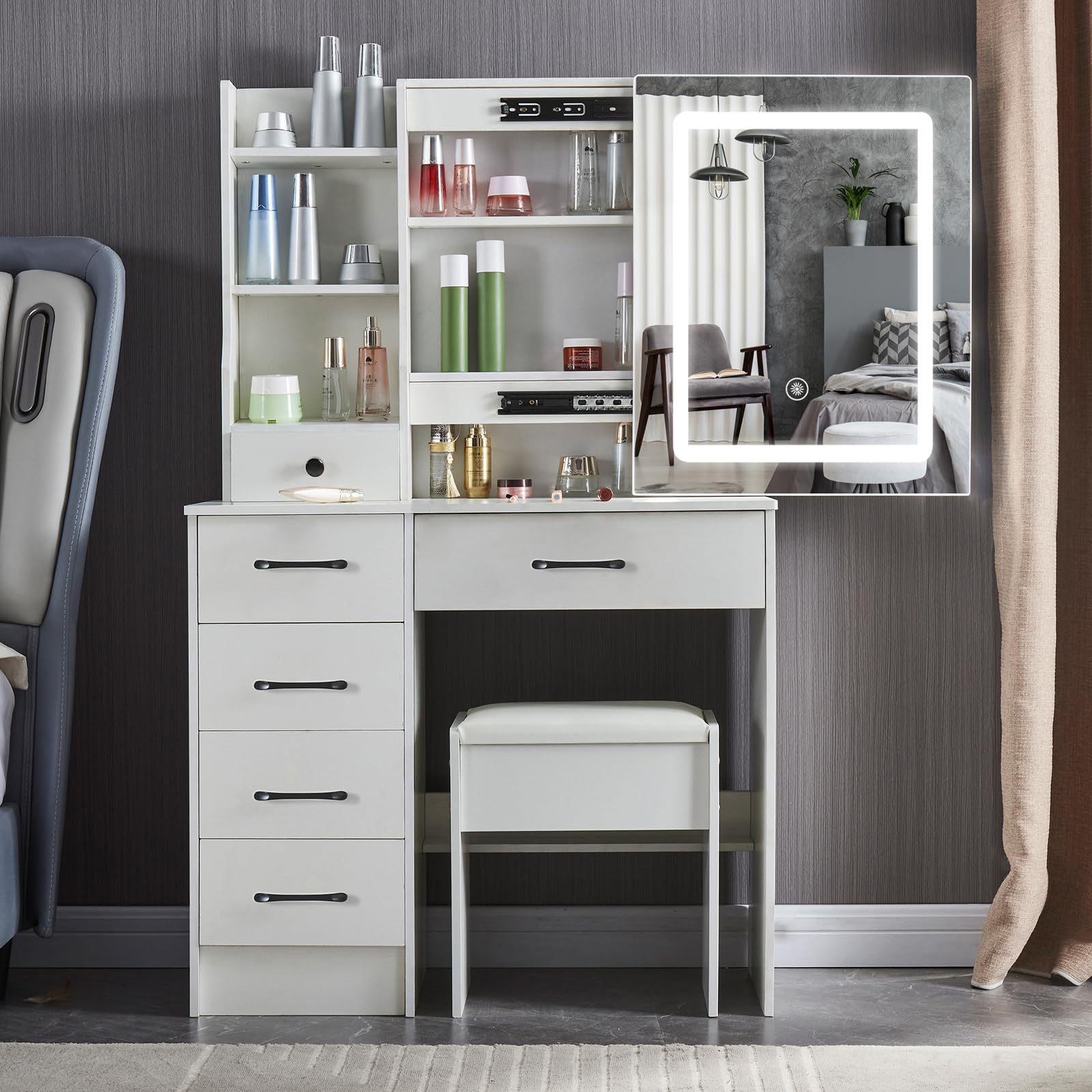 Kkonetoy Vanity Desk with Lights, White Makeup Desk Vanity Set with Sliding Mirror and 5 Drawers, Modern Makeup Vanity Dressing Table with Cushioned Stool for Girls Bedroom Dresser