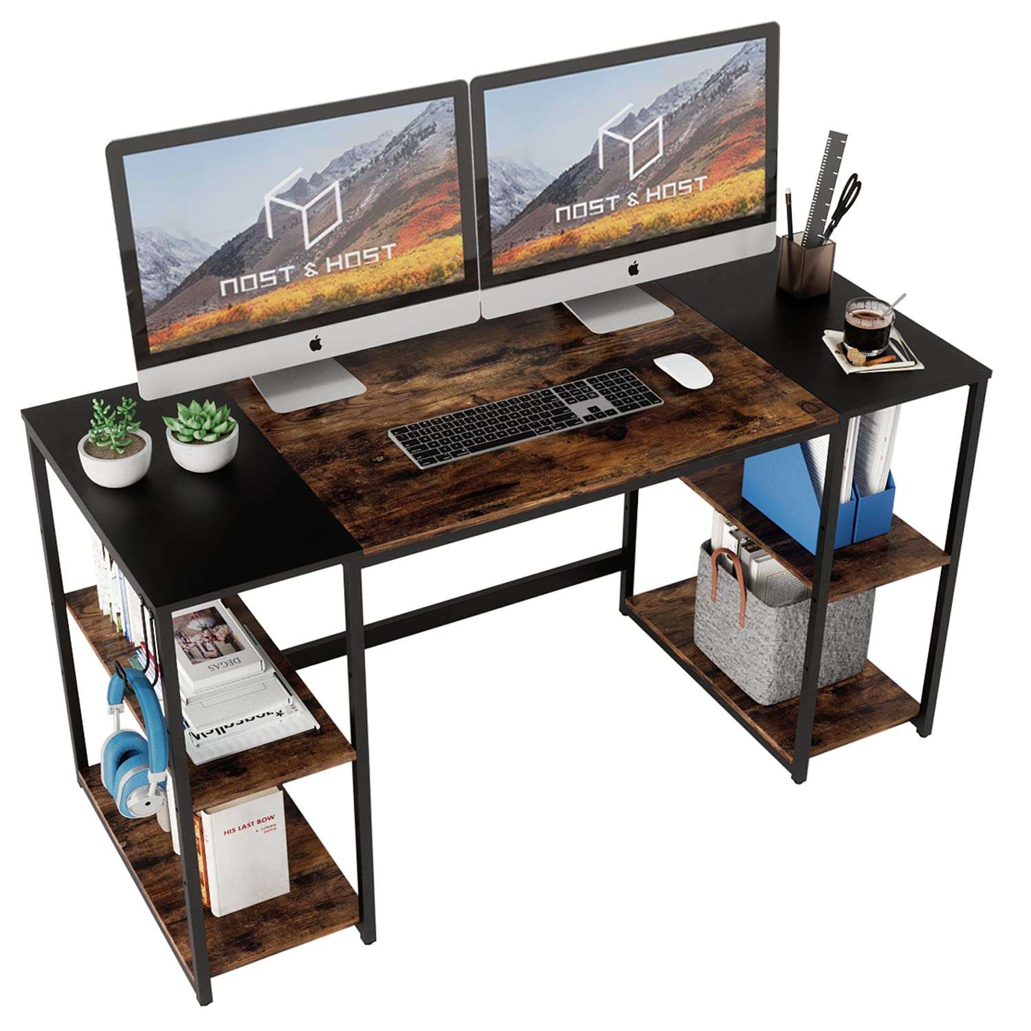 Nost & Host Home Office Computer Desk 55 inch with 4 Storage Shelves and Headphone Hanger Dual Monitor Study Writing Table Desk Modern Simple Laptop Desk Splice Board Rustic Brown and Black