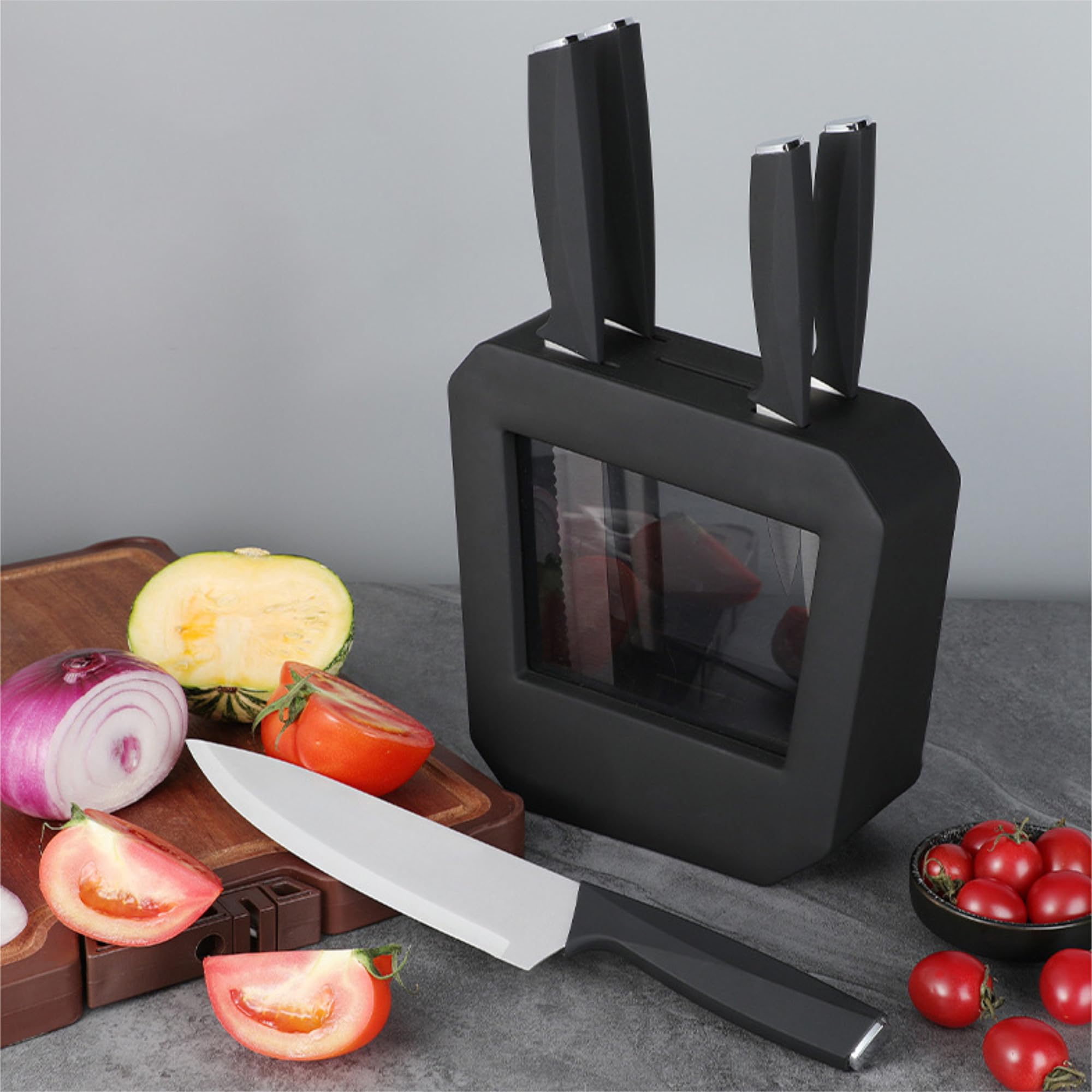 Knife Set, 6 pcs Black Kitchen Knife with Matte Acrylic Stand, Chef Knife Set Professional Home Essentials for New Apartment Kitchen Tool Gift Sets (Frosted Black)