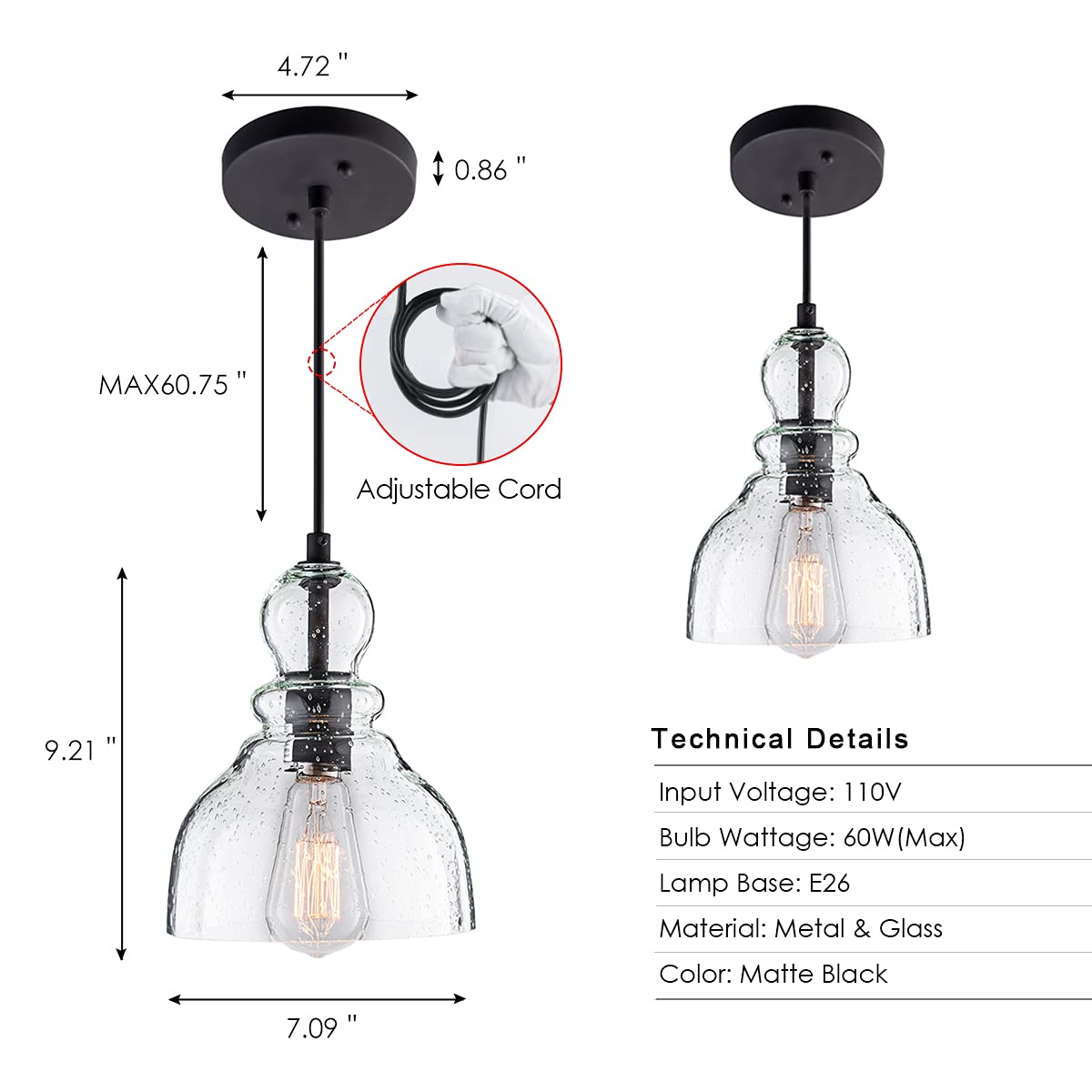 LANROS Farmhouse Kitchen Pendant Lighting with Handblown Clear Seeded Glass Shade, Adjustable Cord Mini Ceiling Light Fixture for Kitchen Island Sink, Matte Black Finish, 7inch, 2 Pack