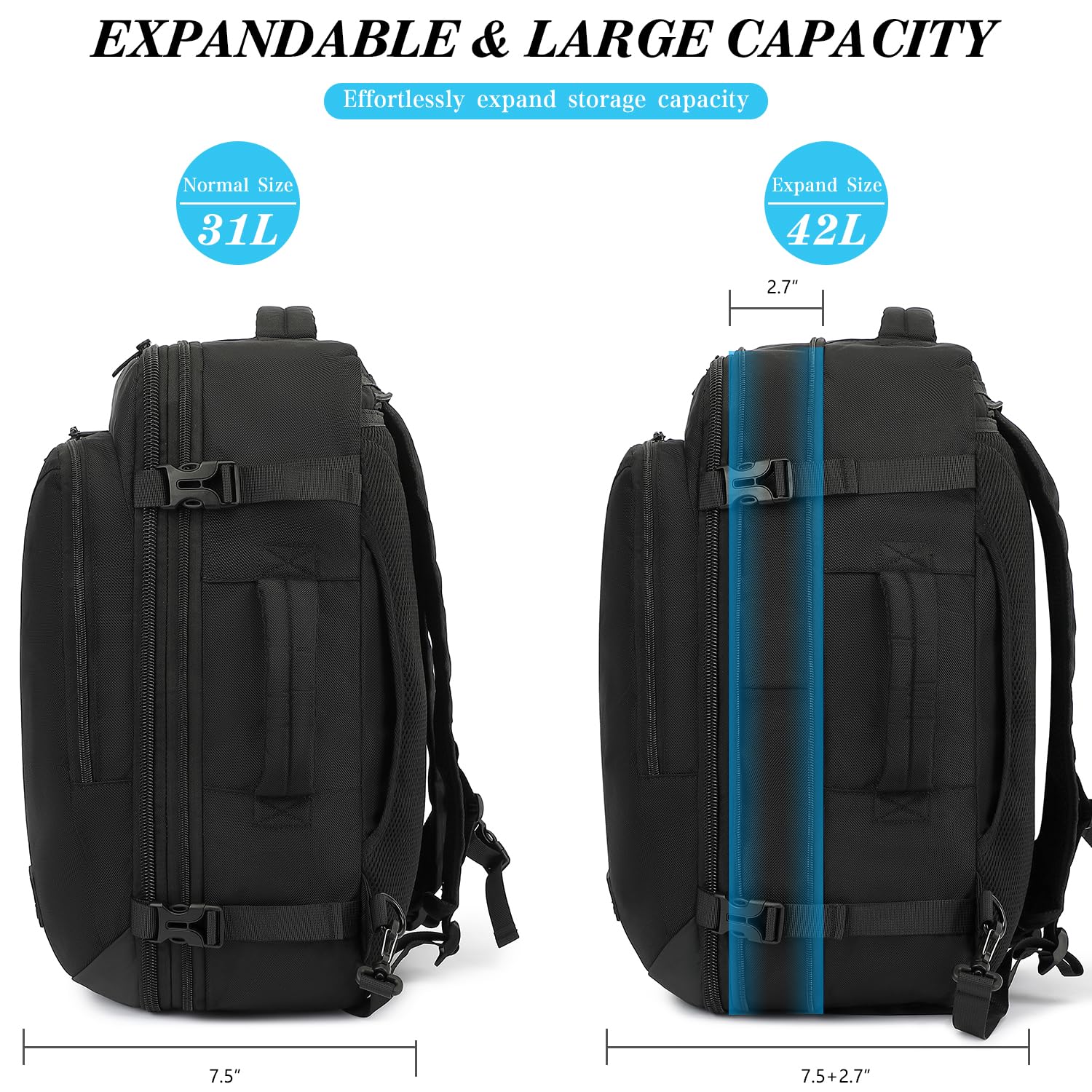 Laripwit Carry on Backpack, 42L Large Travel Laptop Backpack Expandable Airplane Approved Business Backpack for Men Lightweight Casual Daypack- Suitable for Business Trip, Black
