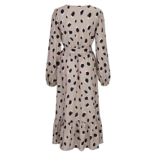 Patchwork Ruffle Dress for Women V Neck Empire Waisted Swing Dress Loose Ruched Polka Dot Long Dress