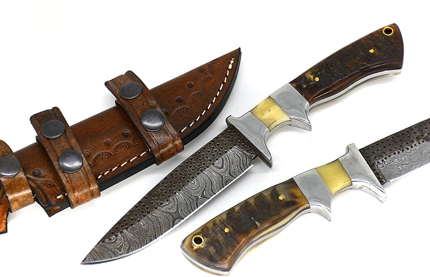 PSK83 - Handmade Damascus Hunting Knife Ram Horn Handle Full Tang Fire & Raindrop Patter - (PSK-83)