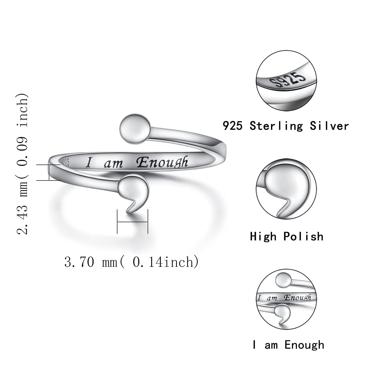MANBU Sterling Silver Semicolon Ring for Women: I am Enough Keep Going Ring Engraved Inspirational Message Supporting Jewelry Gifts for Daughter Sister (I am enough)