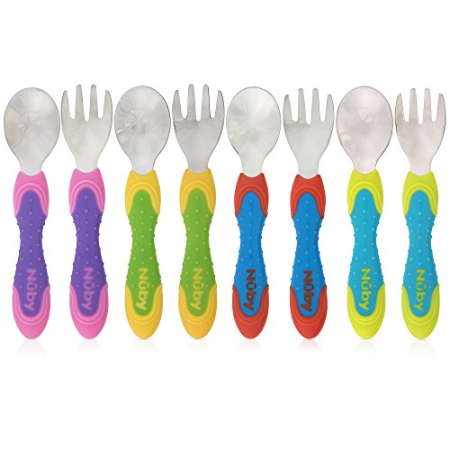 Nuby Stainless Steel Utensil, Pink/Purple, 2 Piece