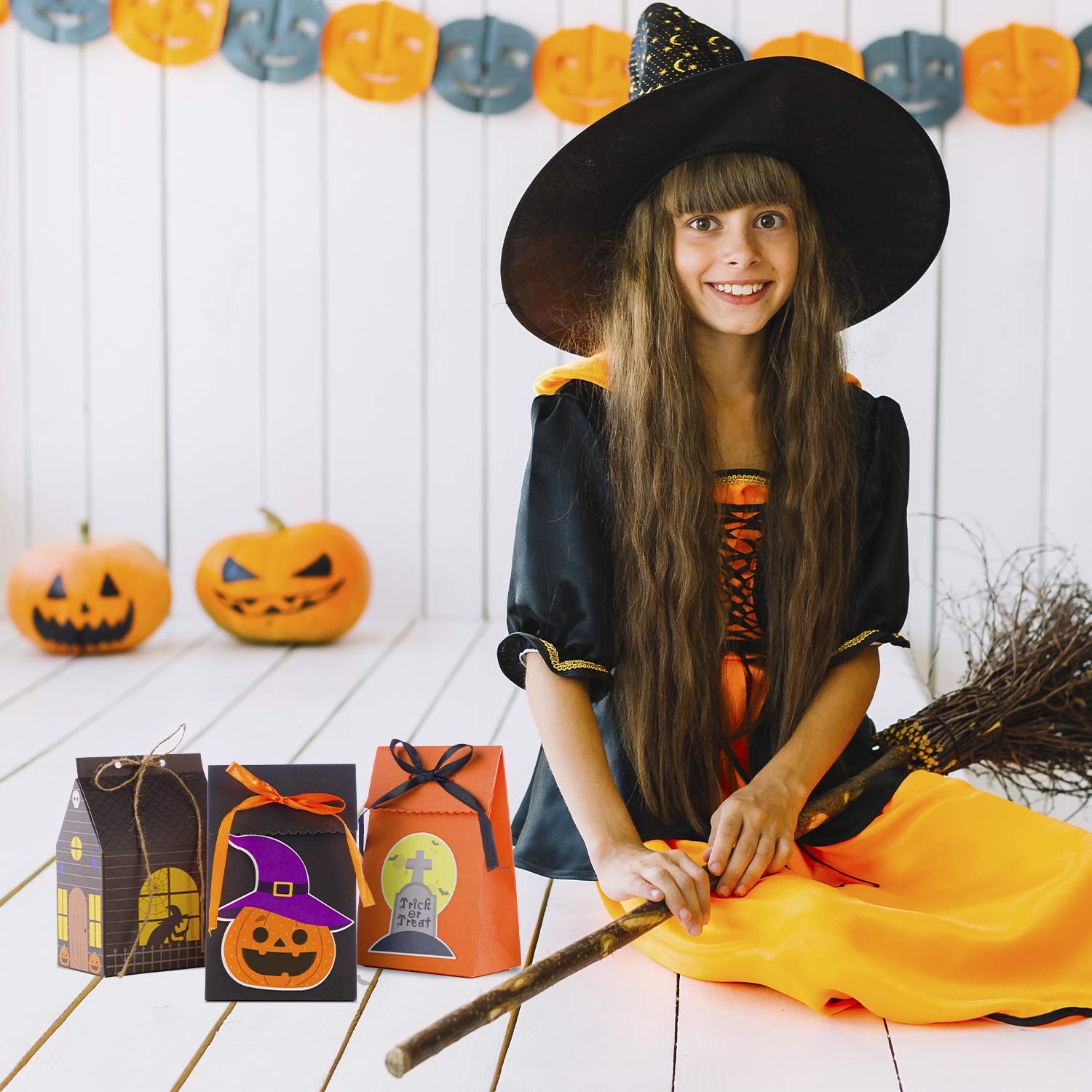 NIMU 12 Pieces Premium Halloween Bags with Special Design Reusable Craft Gift Paper Boxes for Presents Bundle Trick or Treat Theme Gift Wrapping Bags Great Holiday Bulk