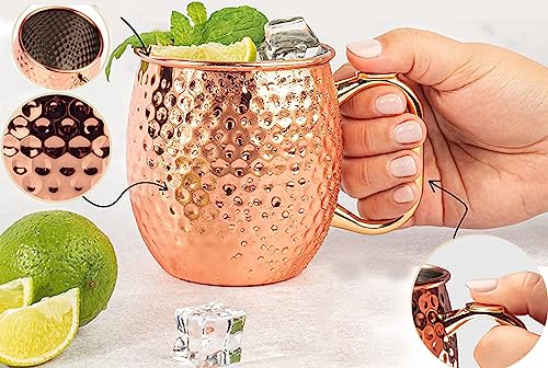 Moscow Mule Copper Mugs - Hammered Cups - Stainless Steel Lining - Pure Copper Plating, 100% Solid Handcrafted - Copper Cups - 19 Ounce Food Safe Hammered Mug For Mules