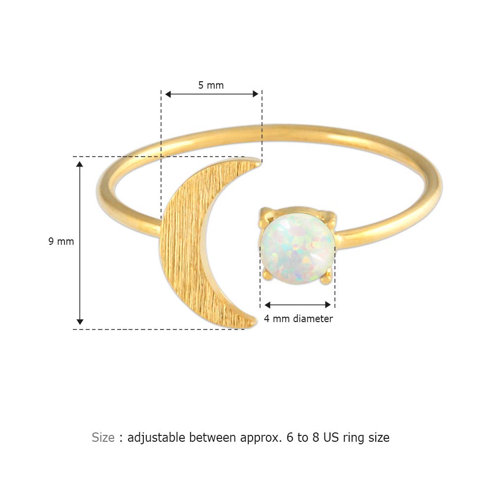 LAONATO 14K Gold Plated Created Opal and Crescent Moon Ring for Women Adjustable Size (White)