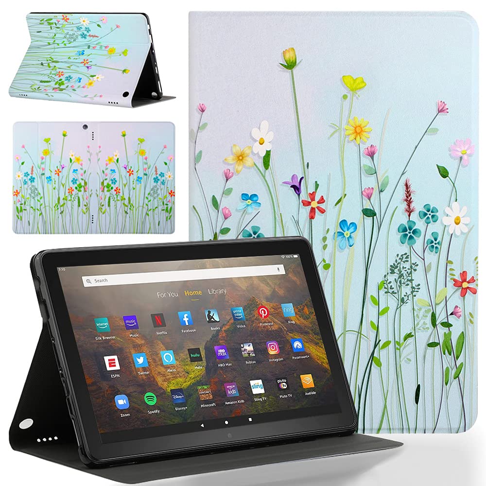 Pudazvi Case for Amazon Kindle Fire HD 10 & 10 Plus Tablet(Fit for 10.1" 13th/11th Generation 2023/2021 Release),Ultra Slim Multi-Angle Viewing Auto Wake/Sleep,Flower Grass01