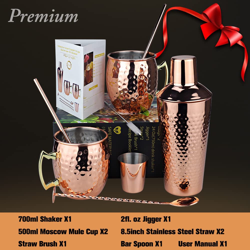 Moscow Mule Kit Moscow Mule Gift Set Hammered Copper Mugs Bar Set with 1 Cocktail Shaker, 2 Moscow Mule Mugs, 2 Straws, 1 Jigger, 1 Mixing Spoon, 1 Straw Cleaner for Wine Cold Drink Mixing Party