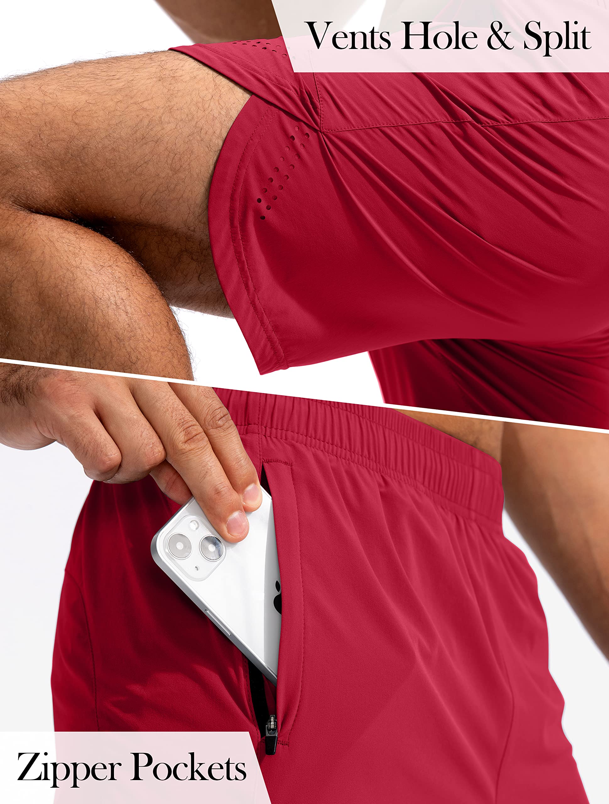 Pudolla Men's Athletic Running Shorts 7'' Gym Workout Shorts for Men Lightweight Sports Training with Zipper Pockets(Red XX-Large)