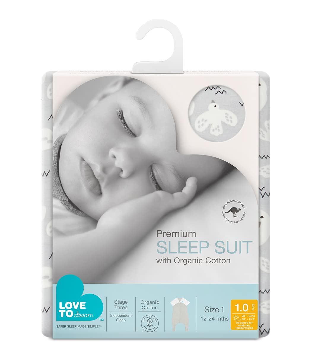 Love to Dream Organic Toddler Wearable Blanket w/Footies (12-24 Mo), Super Soft Sleeping Suit, 1.0TOG Grey