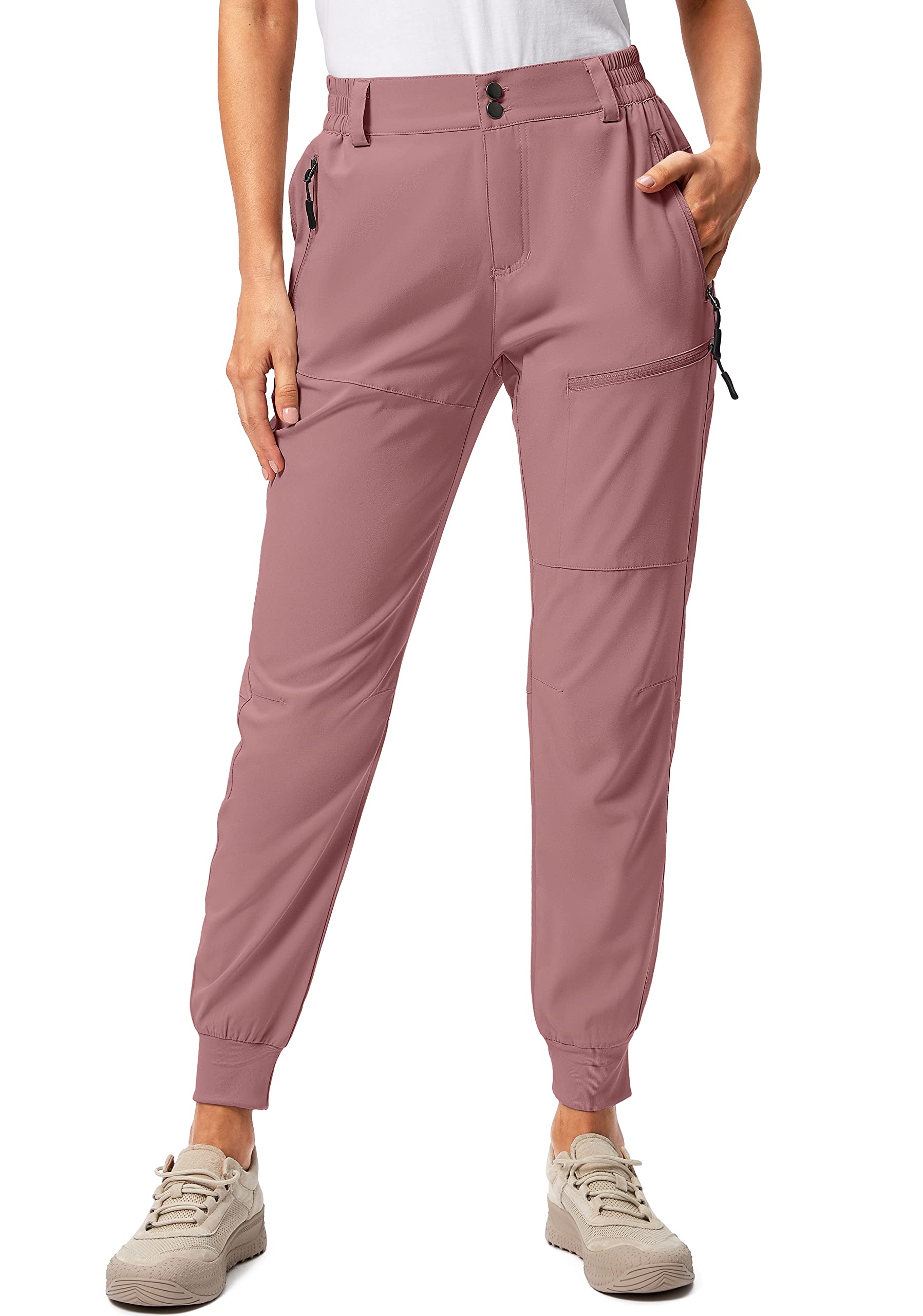 Pudolla Women's Golf Joggers Lightweight Hiking Cargo Pants Waterproof for Travel Camping Walk with Zipper Pockets(Dusty Pink Medium)