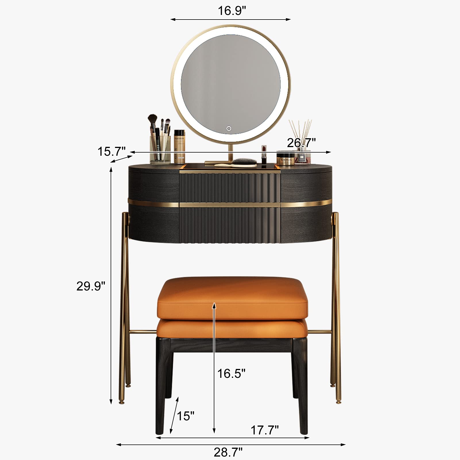 Lartis Makeup Vanity Table with Light, Black Dressing Table with Makeup Stool and Adjustable LED Mirror,Storage Dressing Small Vanity Desk with drawers, Smoky Black Vanity Table Set