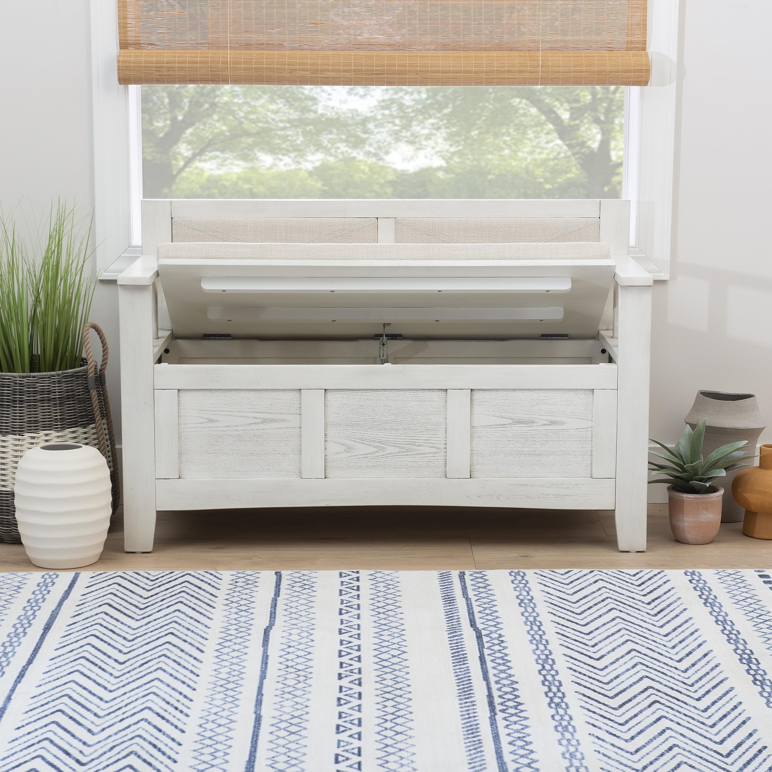 Linon Carlton White Storage Bench with Beige Upholstered Back and Cushioned Seat, Smokey Grey