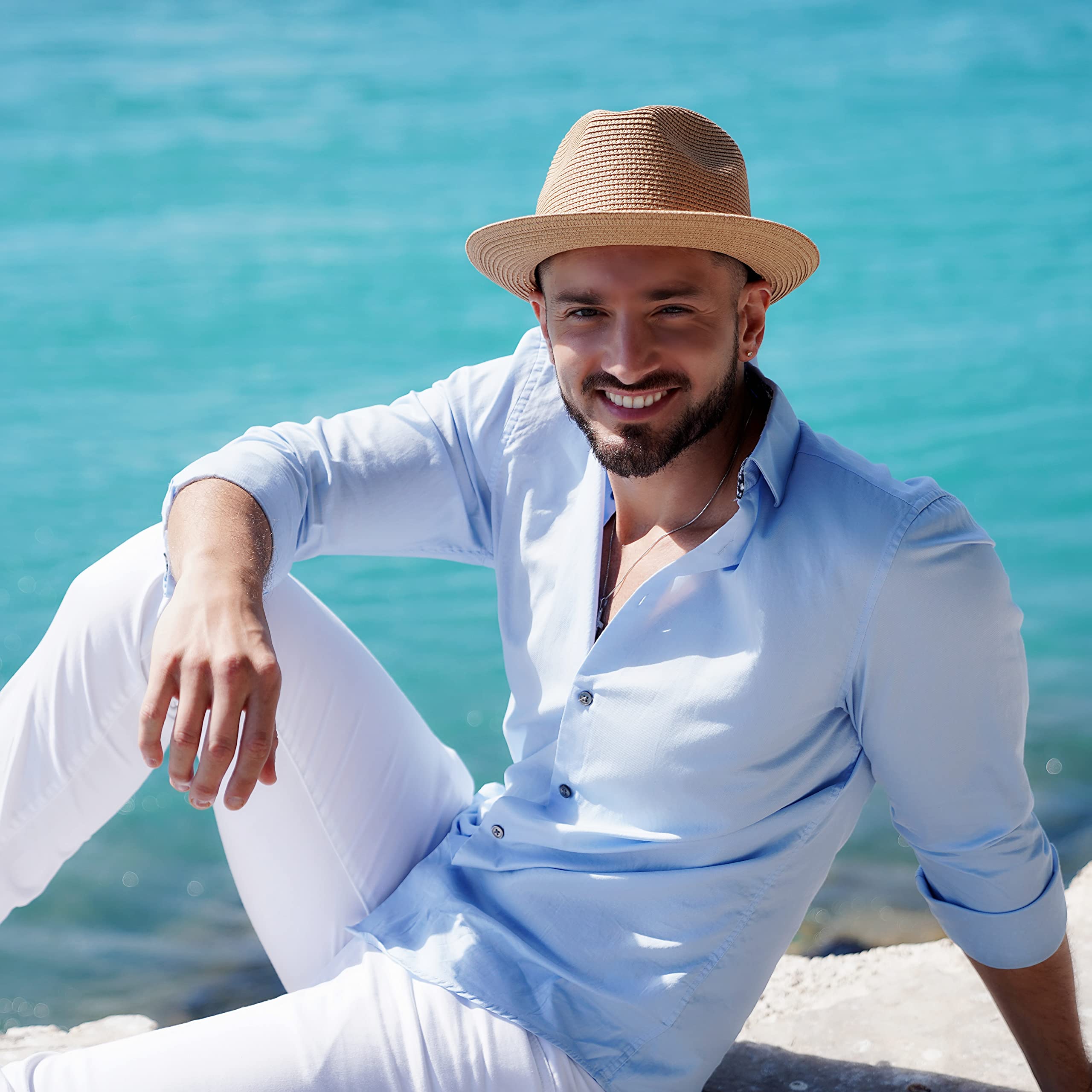 Lanzom Men Women Straw Foldable Roll up Hat Fine Braid Fedora Summer Beach Sun Hat (B-Khaki, Large)