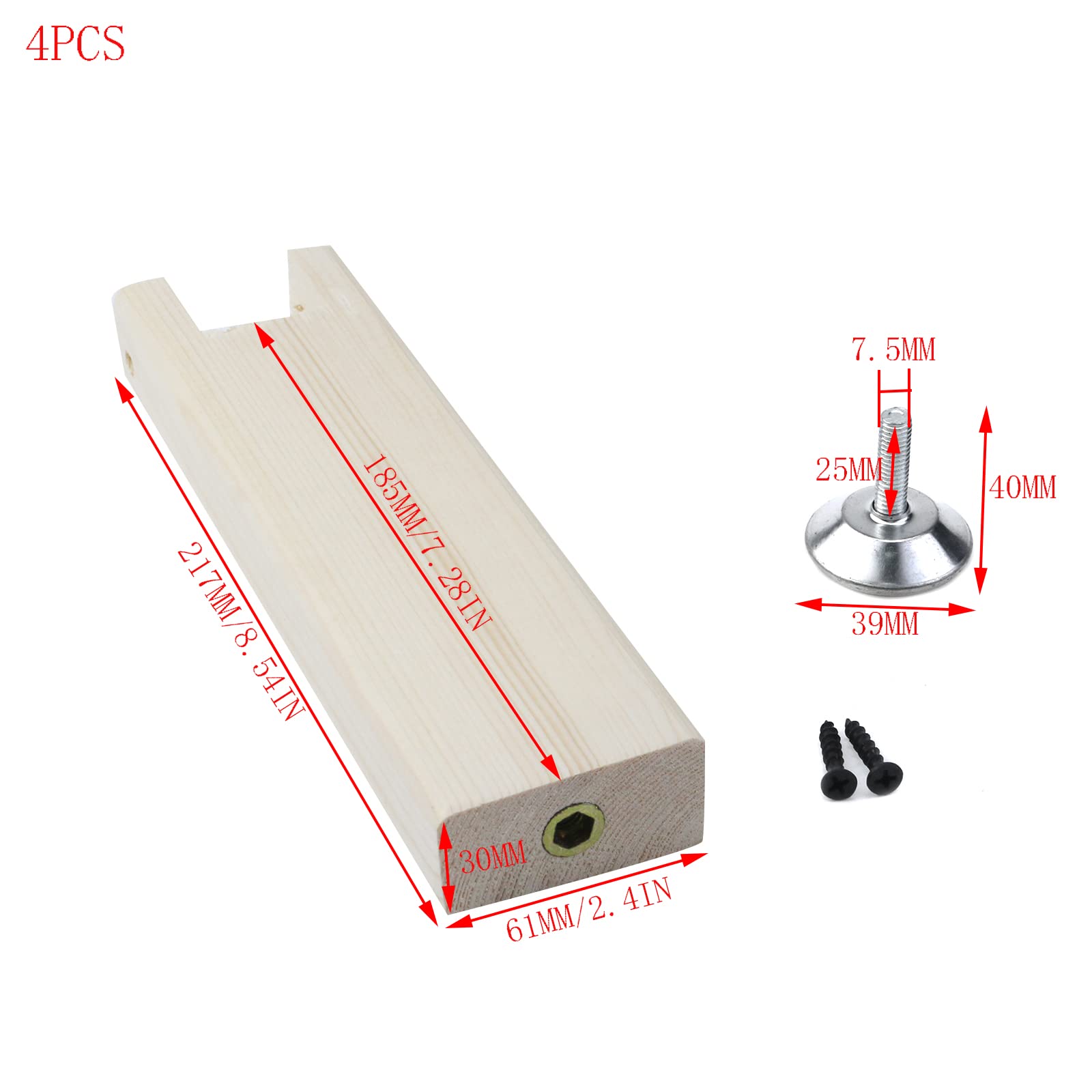 Mewutal 4PCS Wood Bed Frame Support Leg, Bed Part Replacement, Bed Support Bracket for Bedroom, with Mounting Screws and Adjustable Base (185mm, Adjustable 0-2cm)