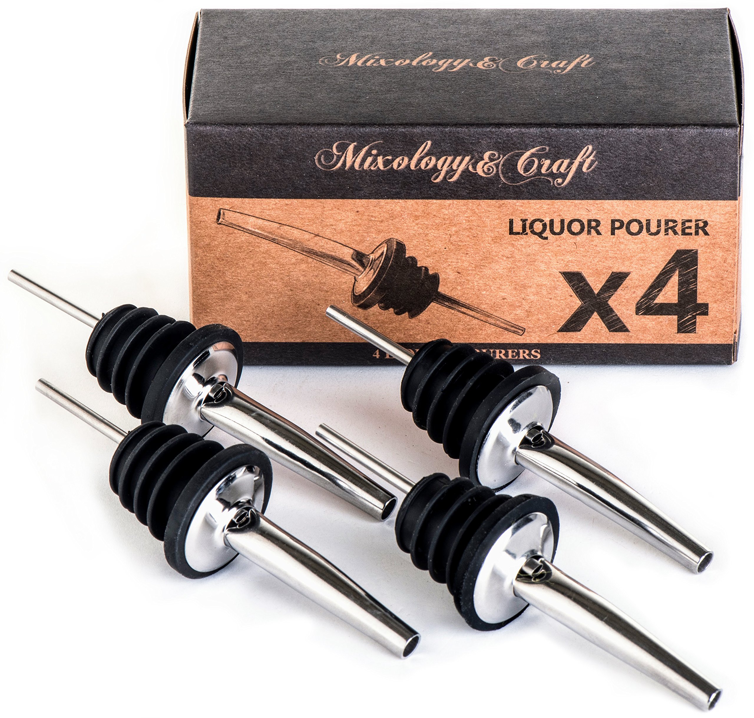 Professional Liquor Pourers Set of 4 | Free-Flow Stainless Steel Speed Bottle Pourer w/Tapered Spout - Fits Various Sizes of Liquor, Wine, Spirits, Vinegar and Olive Oil Bottles, up to 1l