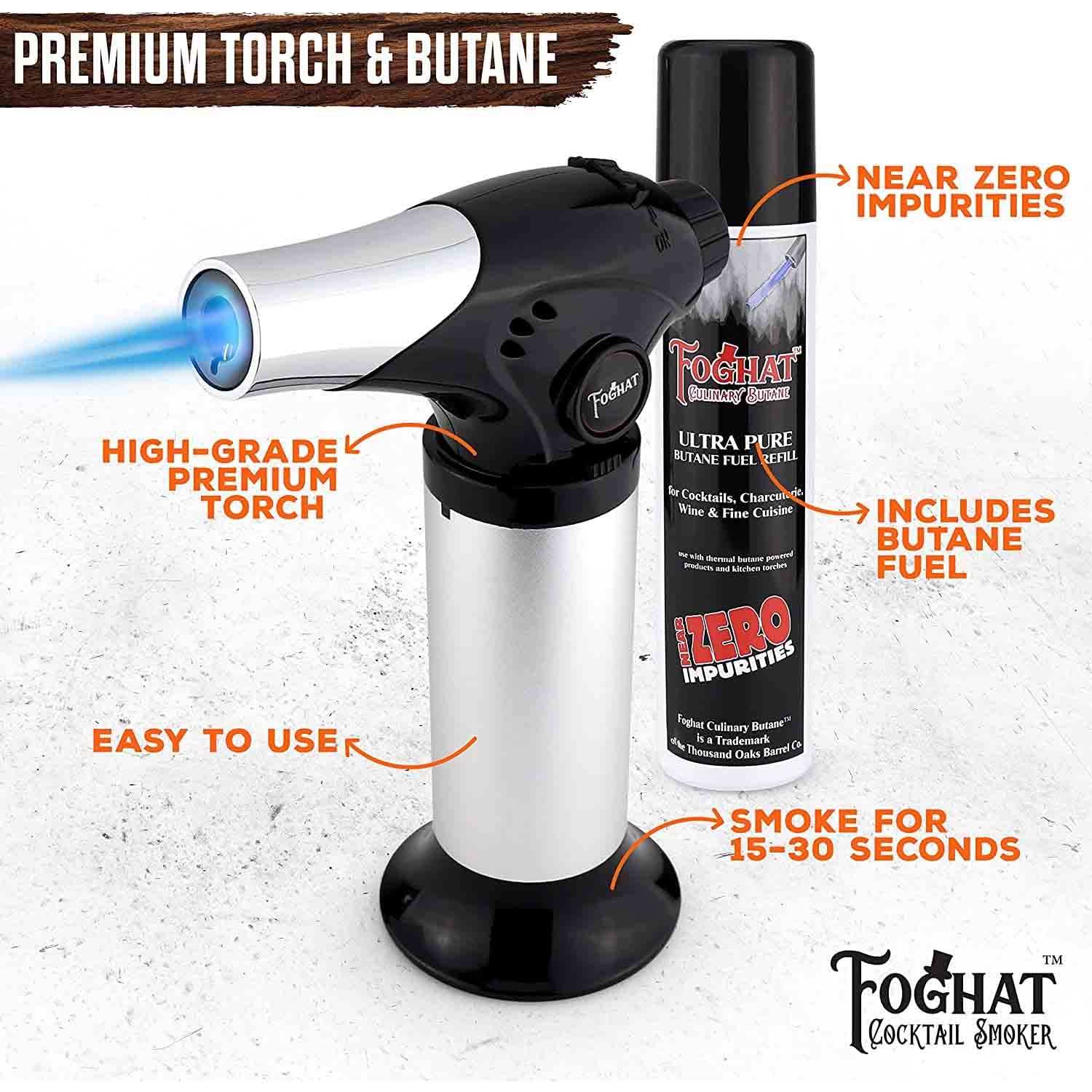 The Foghat Cocktail Smoker and Old Fashioned Smoked Cocktail Kit with Torch and Butane Refill - Bourbon Barrel Oak Wood Chips and 5 Singlez Bar Old Fasioned Mix Packets - Whiskey Smoker Kit For Drinks