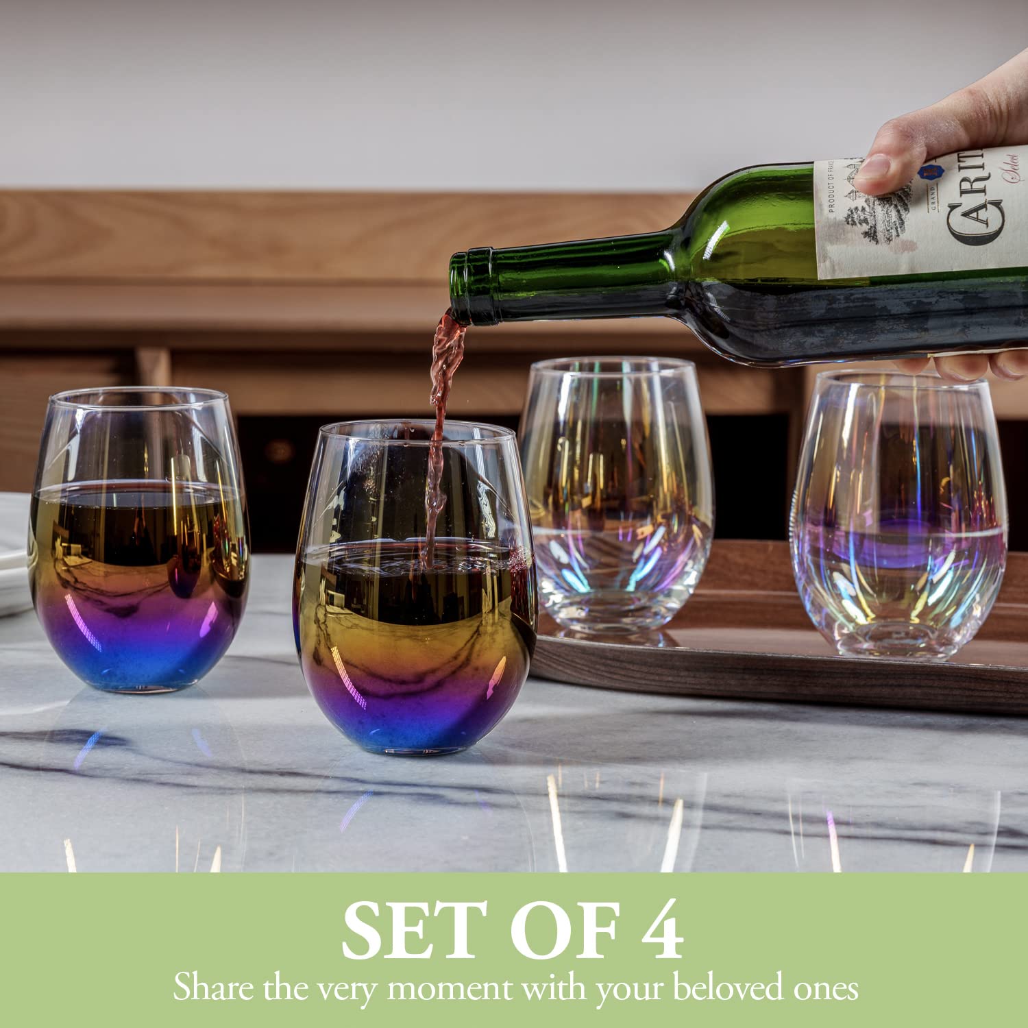 MyGift 18 oz Modern Iridescent Transparent Stemless Wine Glasses, Rainbow Colored Luster Clear Cocktail Beverage Drinking Glass Cups, Set of 4