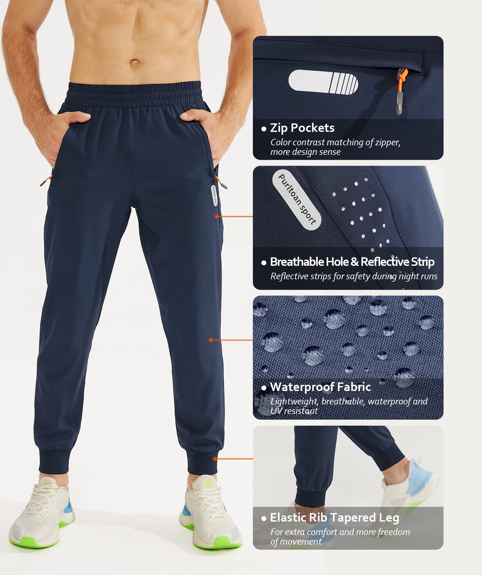 Purltoan Mens Sweatpants with Pockets Waterproof Quick-Dry Lightweight Athletic Joggers Pants for Workout Running Training Navy S