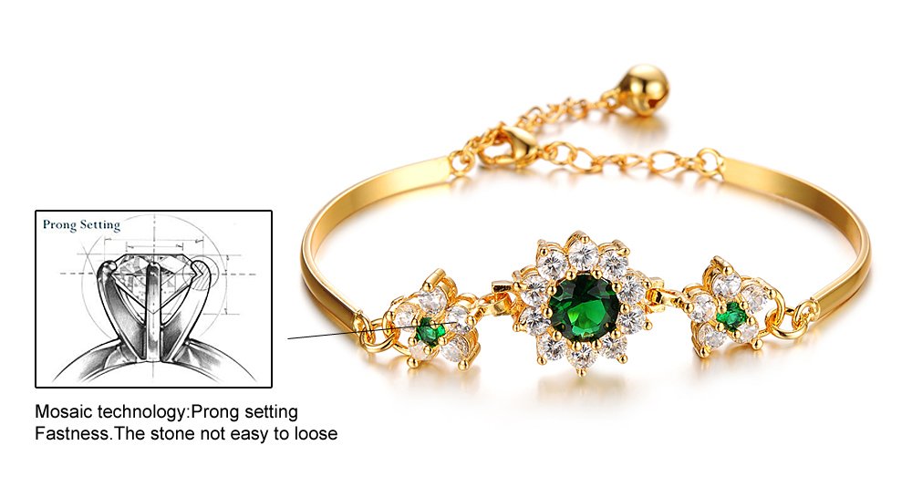 L & J 18k Yellow Gold Sparkling Green Rhinestone Halo Diamond Cut AAA CZ Flower Bangle Bracelet for Women