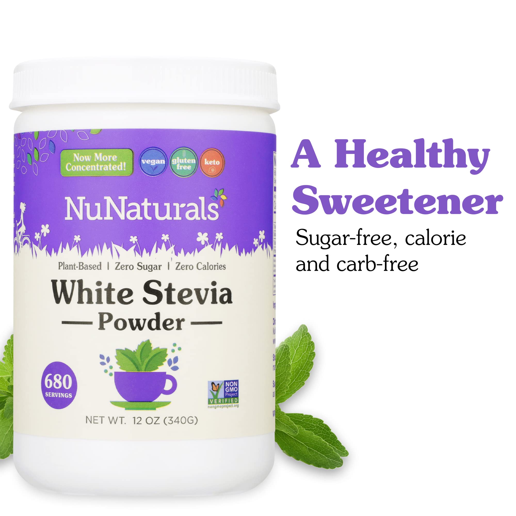 NuNaturals White Stevia Powder, Plant-Based Sugar Substitute, Zero Calorie Sweetener, 12 oz