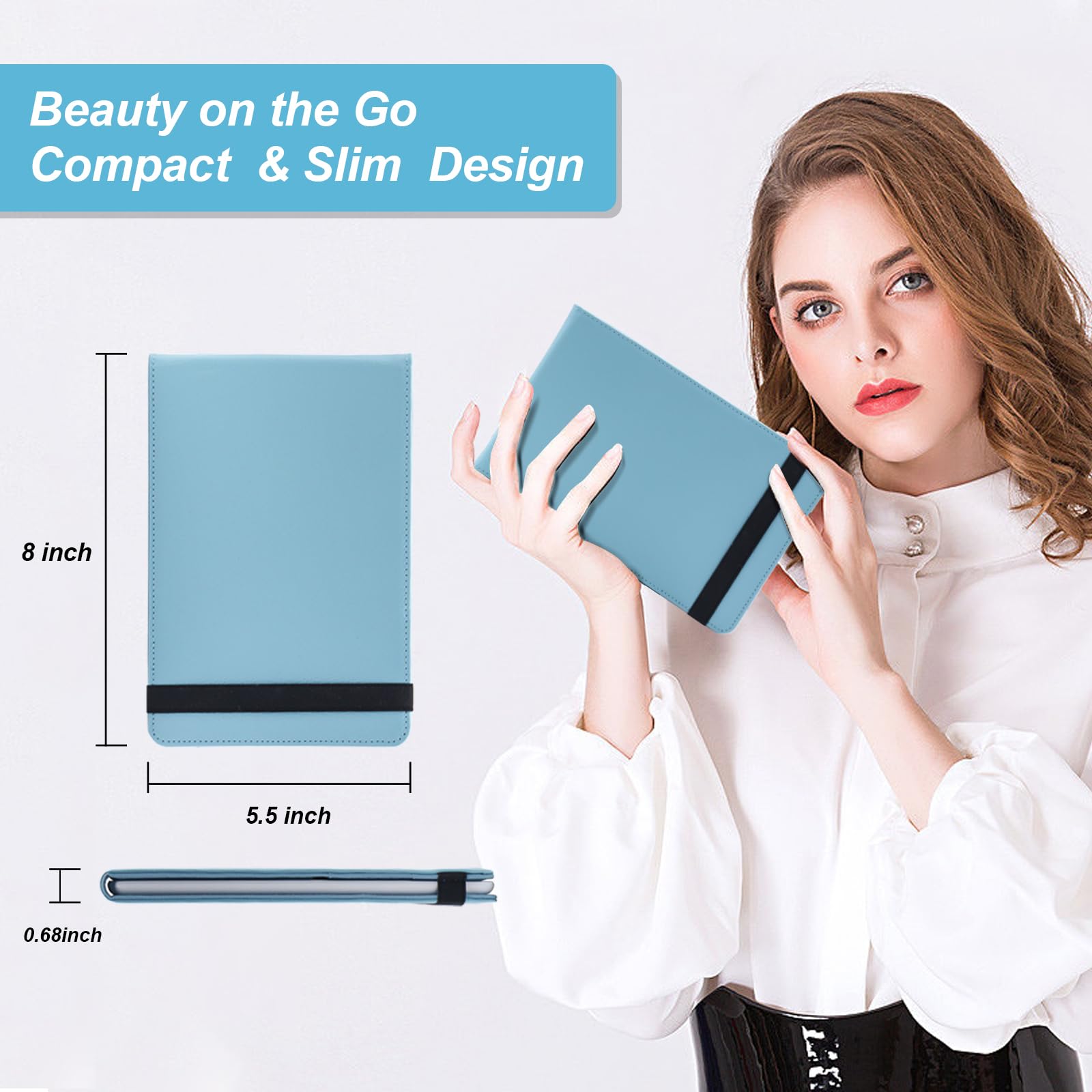 Travel Mirror with Light and Round 10X 20X Magnifying Mirror, PU Leather Travel Makeup Mirror with 3 Light Settings, Portable LED Lighted Makeup Mirror of 8 * 5.5inch, with 2000mAh (Set-Blue)