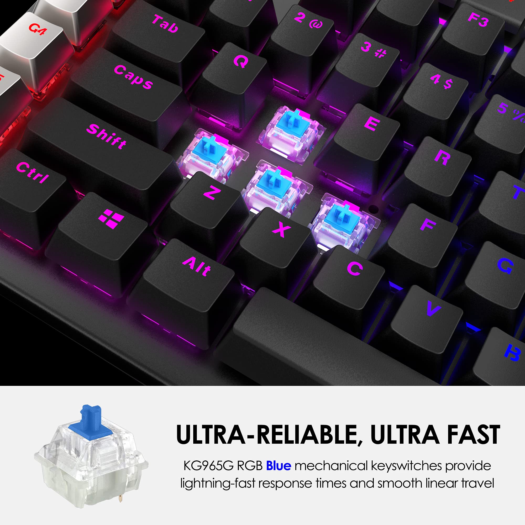 MARVO KG965G RGB Mechanical Gaming Keyboard, 119 Keys Including 6 Macro Keys, Media Control, with Wrist Rest, Blue Switch