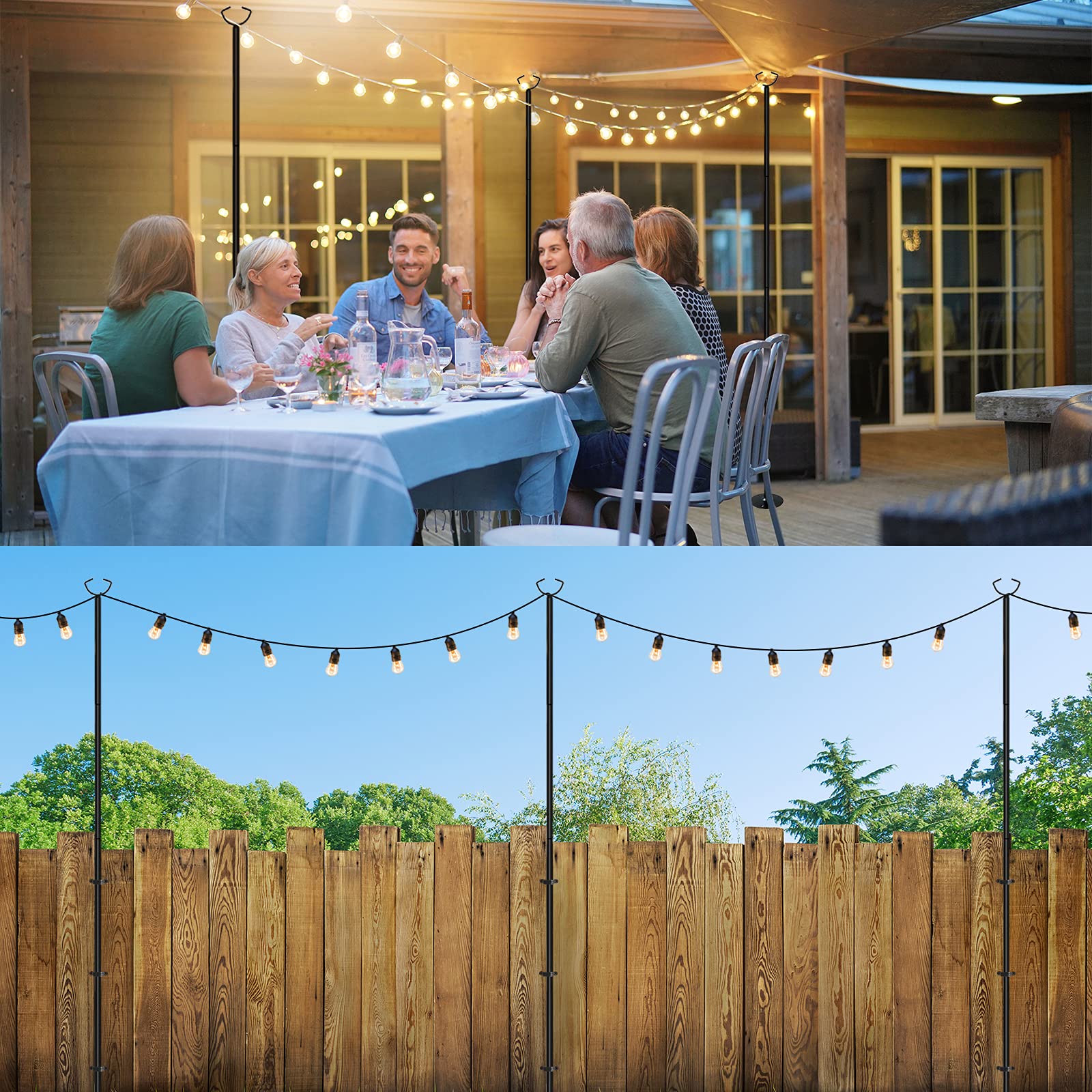 MARVOWARE 3 Functions String Light Poles for Outdoors, Metal Poles with Hooks,Light Poles for Outside House Garden Patio Wedding Cafe Party (2 Pcs)