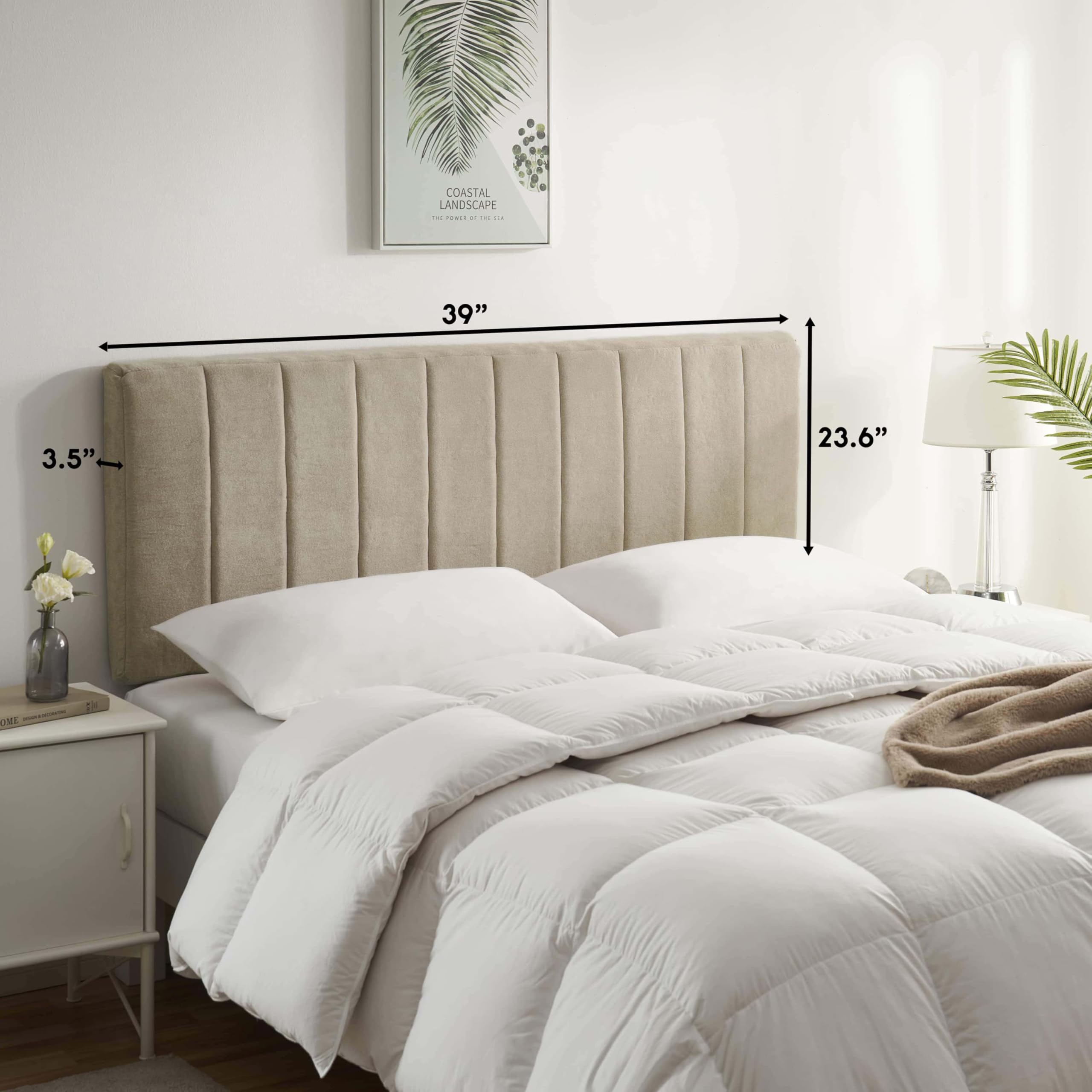 Upholstered Queen Headboard - Easy Assemble Channel Stitched Headboard Queen Size - Wall Mounted Headboard with 3D Soundproof Wall Panels Peel & Stick Floating Headboards for Queen Size Bed - Linen