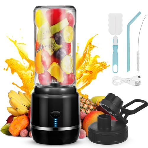 Kqiang Portable Blender, USB Rechargeable, 400ml Capacity, 360 High-Speed Cutting and Mixing, Six Blade Design, Black