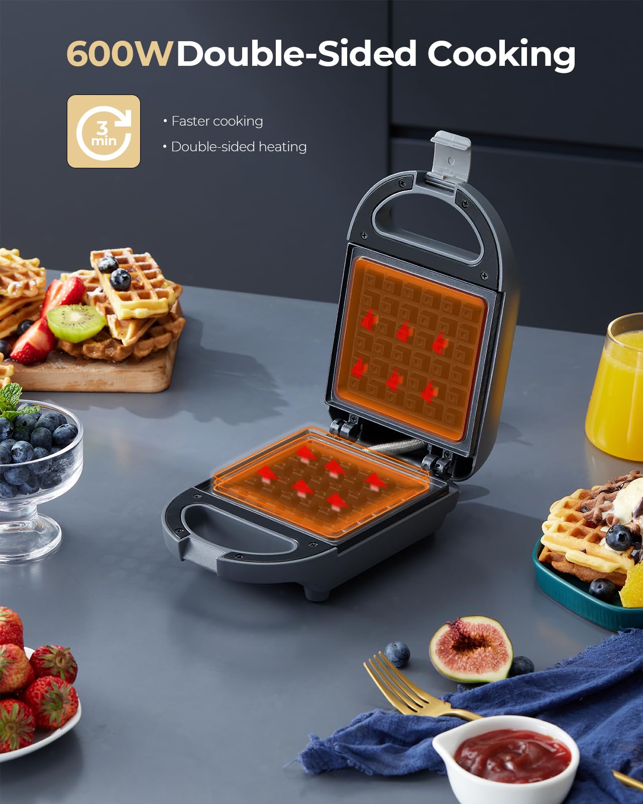 Mini Waffle Maker, Non-Stick Waffle Iron Small, Breakfast Machine for Kinds, Hash Browns, Keto, Snacks, Gray, Fast Heating, 600W, AMEGAT