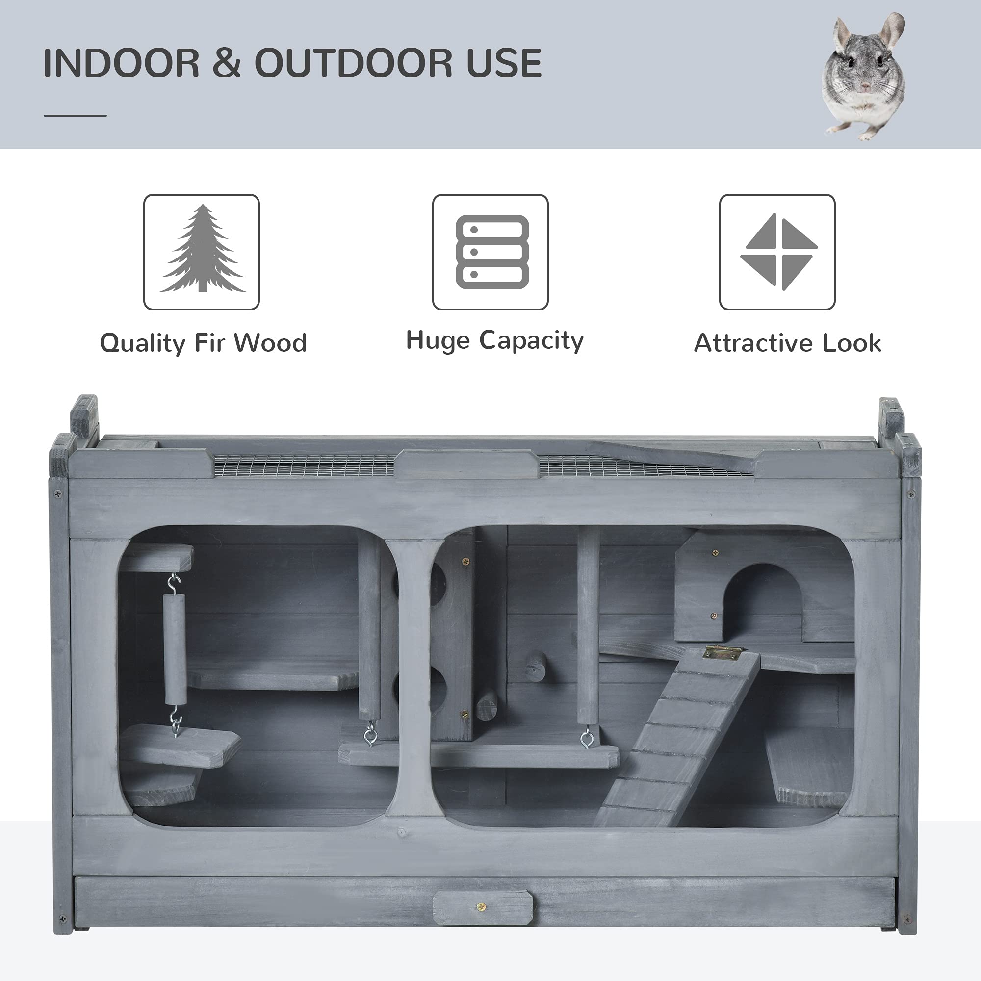 PawHut Wooden Extra Large Hamster Cage with Swings, Small Animal Cage and Habitat with Jumping Platforms, Hamster Habitat, Rats, Mice, Pull-Out Tray