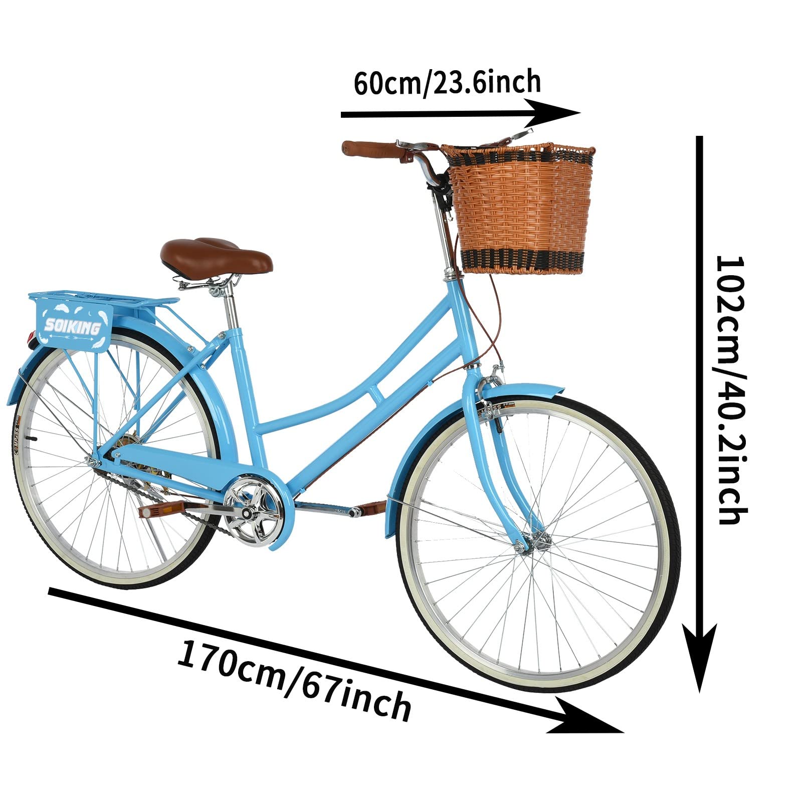 Sky Blue Women's Cruiser Beach Bike, Leisure Bikes, Urban Road Bicyle, Single-Speed, 26inch Wheels, with A Detachable Basket, Rear Frame