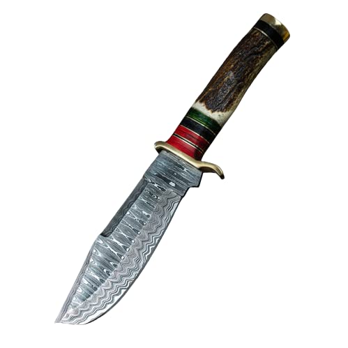 PSK158 - Handmade Damascus Steel Hunting Knife, Stag Horn Handle With Leather Sheath GIFT