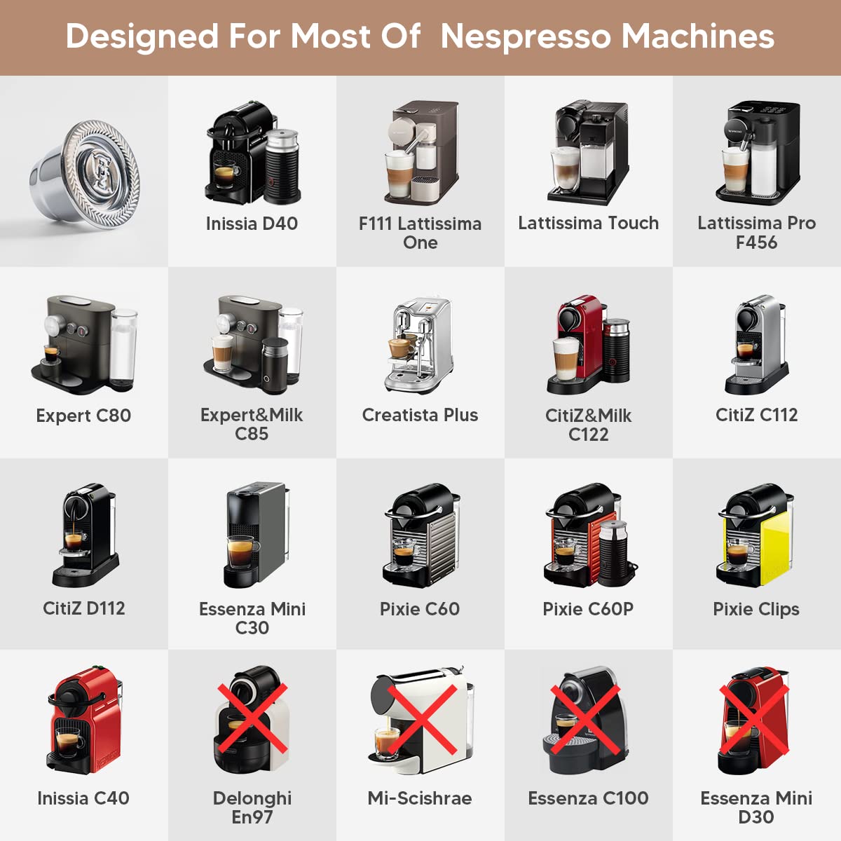 MG Coffee Stainless Steel Reusable Nespresso Capsules Permanent Coffee Pod Holder Compatible for Nespresso Machines (Silver capsules tamper)