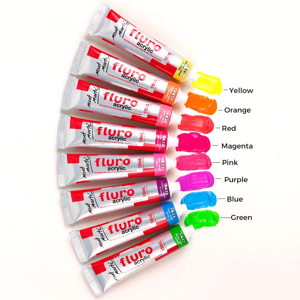 Mont Marte Fluoro Acrylic Paint Intro Set, 8 x 0.61oz (18ml) Tubes, 8 Colours, Suitable for Use with Canvas, Card, Paper and Wood