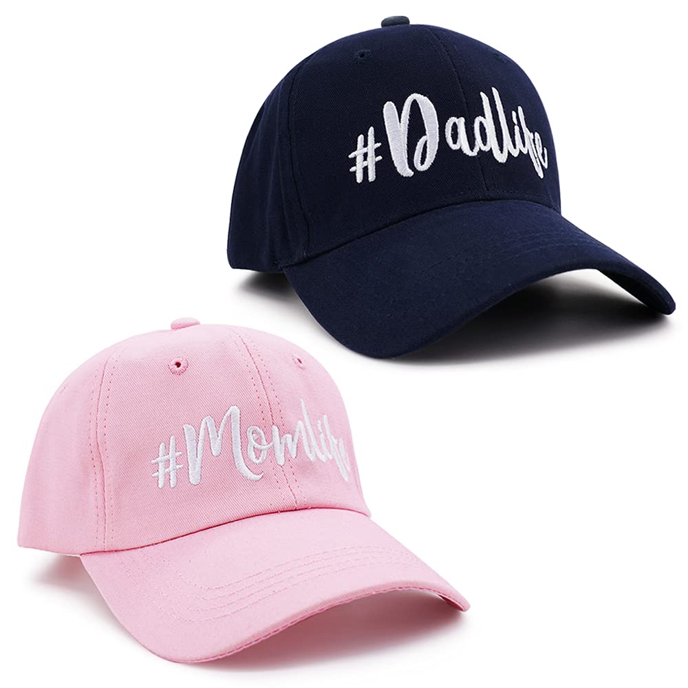 PopCrew™ Mom & Dad Hat | Funny Embroidered Adjustable Baseball Cap Gift for Couples Parents (Mom Life)